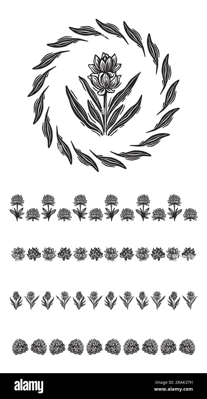 Set of floral vector borders with flower motif in scandi wreath ...