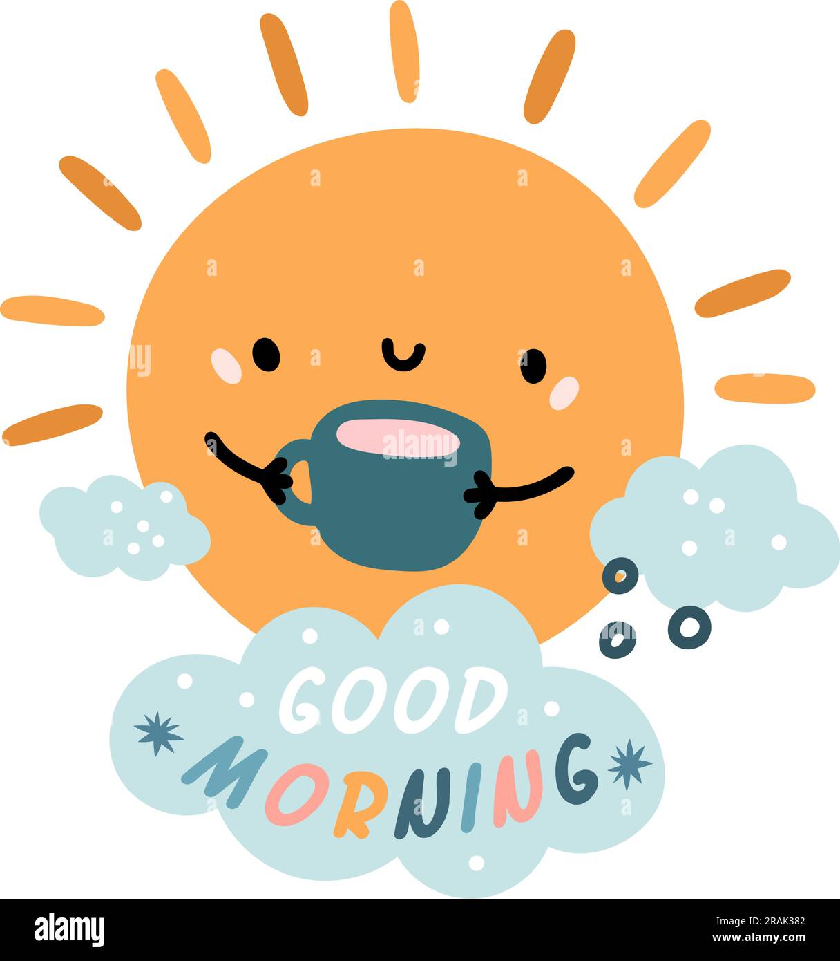 Good morning card. Cute sun with hot cup of coffee Stock Vector Image ...