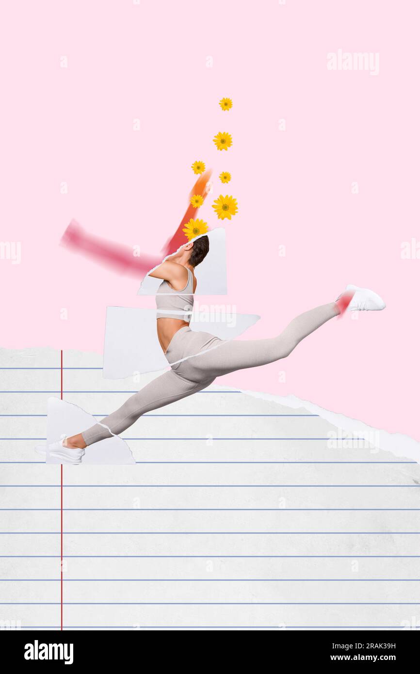 Poster banner collage of young acrobat lady doing aerobics yoga fly in ...