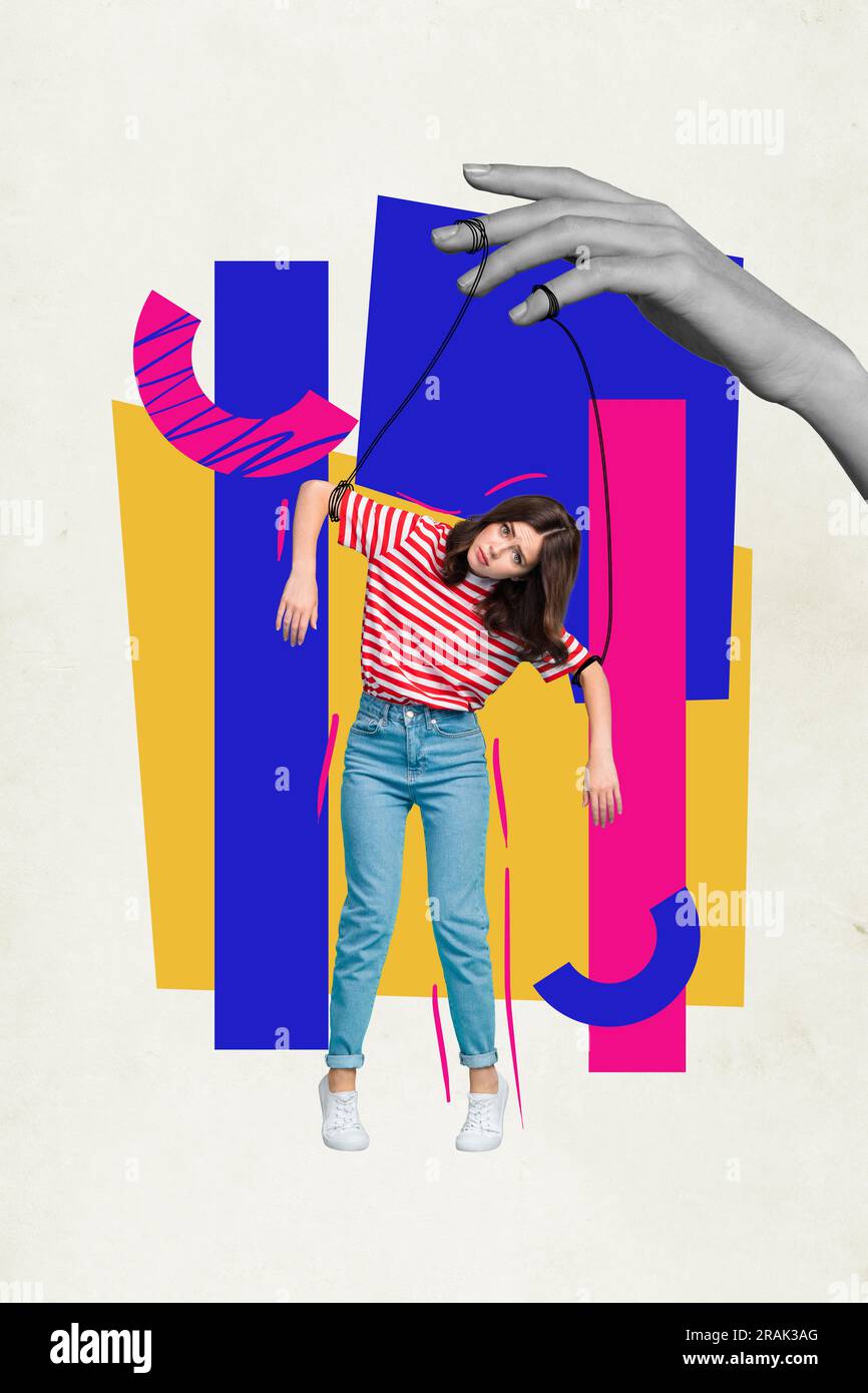 Vivid poster creative collage of powerless lady tangled in strings ...