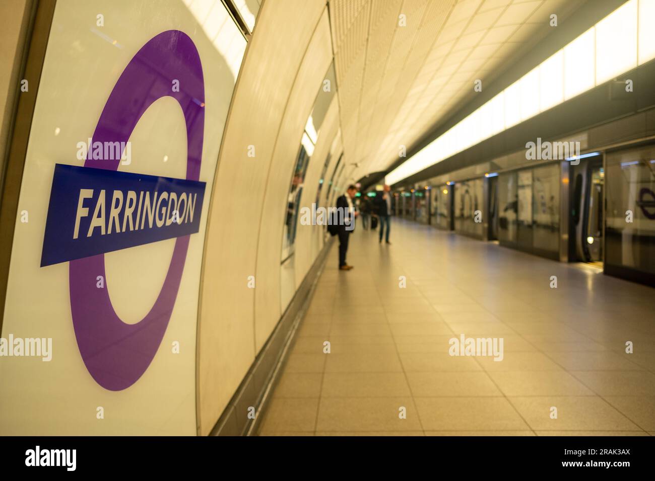 London- June 2023: Farringdon Elizabeth Line Underground station logo ...