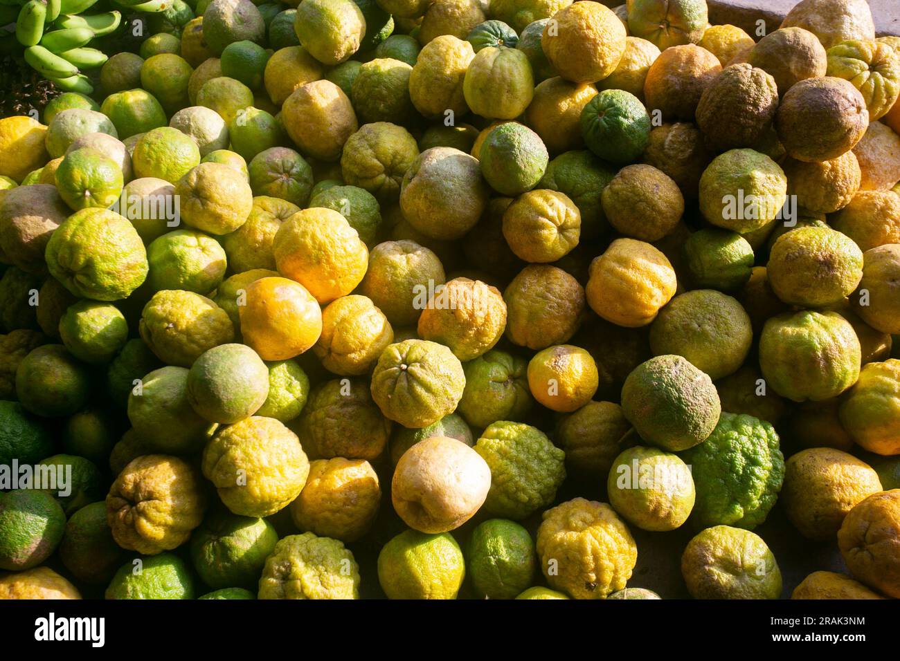 Variety of Peruvian lemons from the Peruvian jungle area in a market in ...