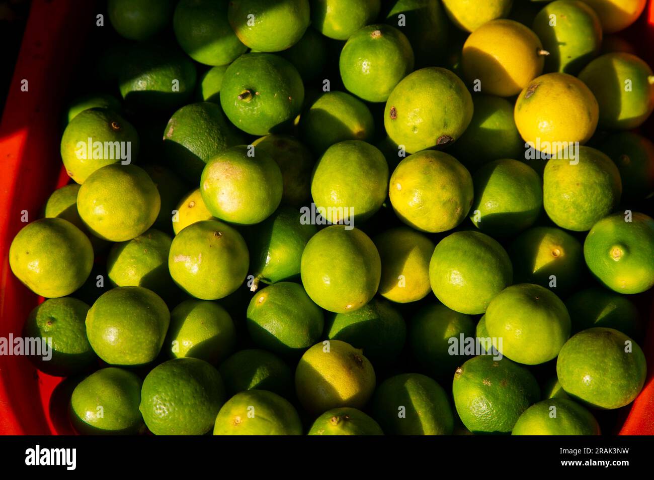 Variety of Peruvian lemons from the Peruvian jungle area in a market in ...
