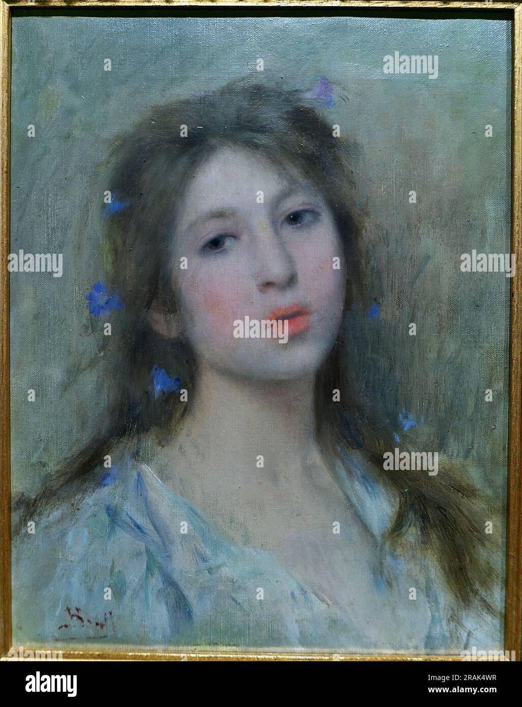 Little girl with blue flowers 1890 by Joan Brull Stock Photo - Alamy