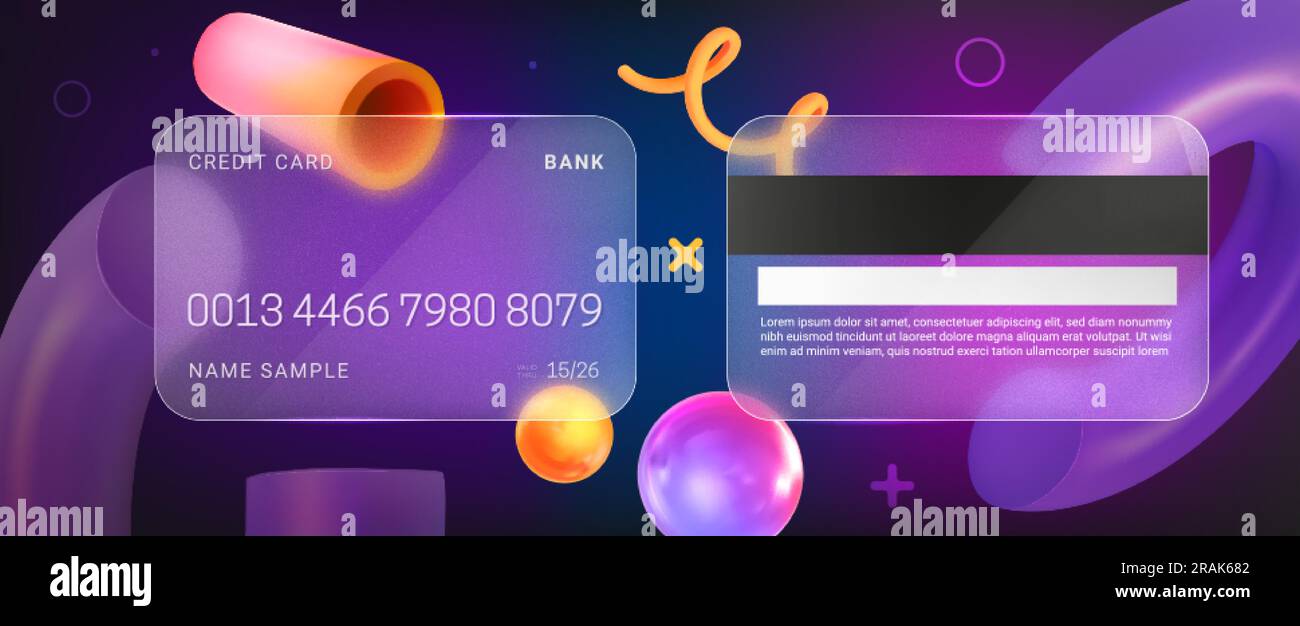 Glass morphism credit card template. Realistic 3d volumetric ball and ...