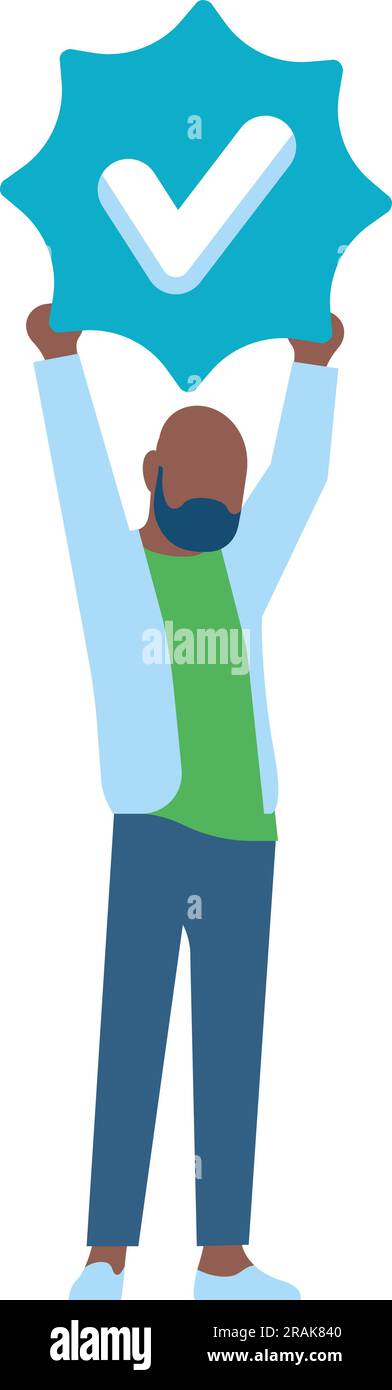 Man raising blue check sign. Guy holding verified symbol Stock Vector ...