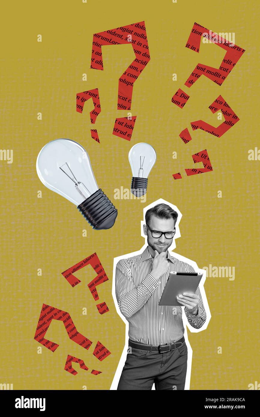 Vertical collage image of black white gamma minded guy use tablet big ...