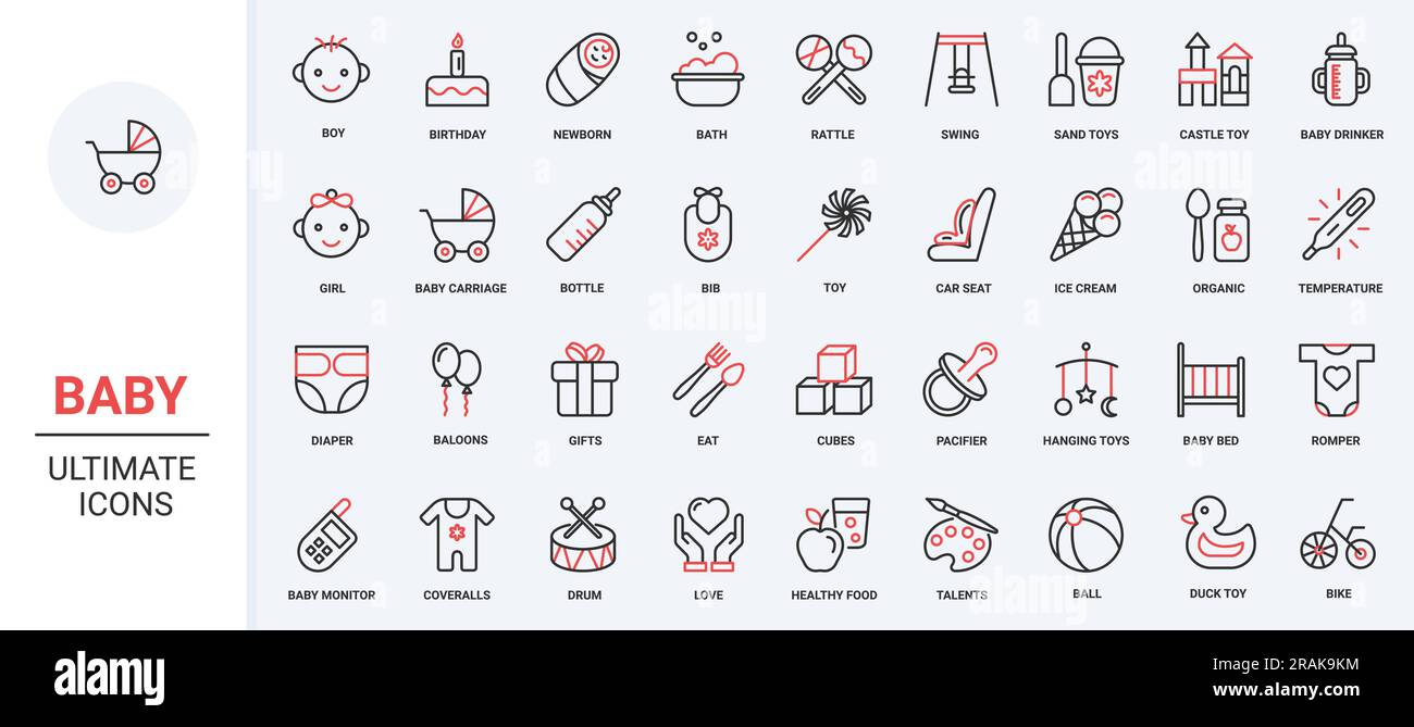 Red black thin line icons set for baby care. Toys and rattle for game ...