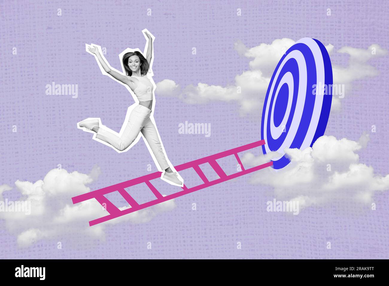 Creative collage picture of positive black white gamma girl climb ...