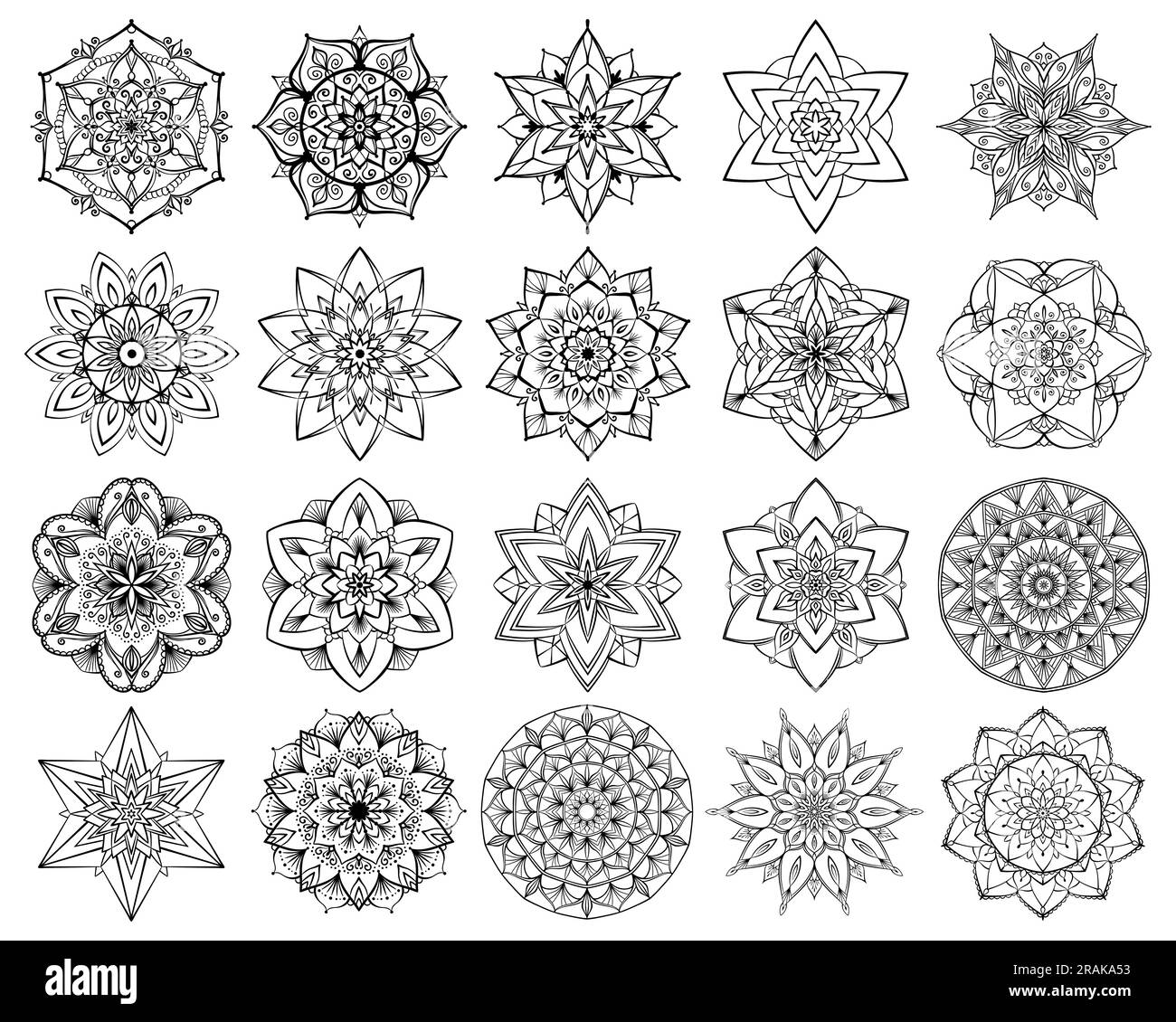 Flower mandalas set. Intricate and simple mandalas coloring pages Stock ...