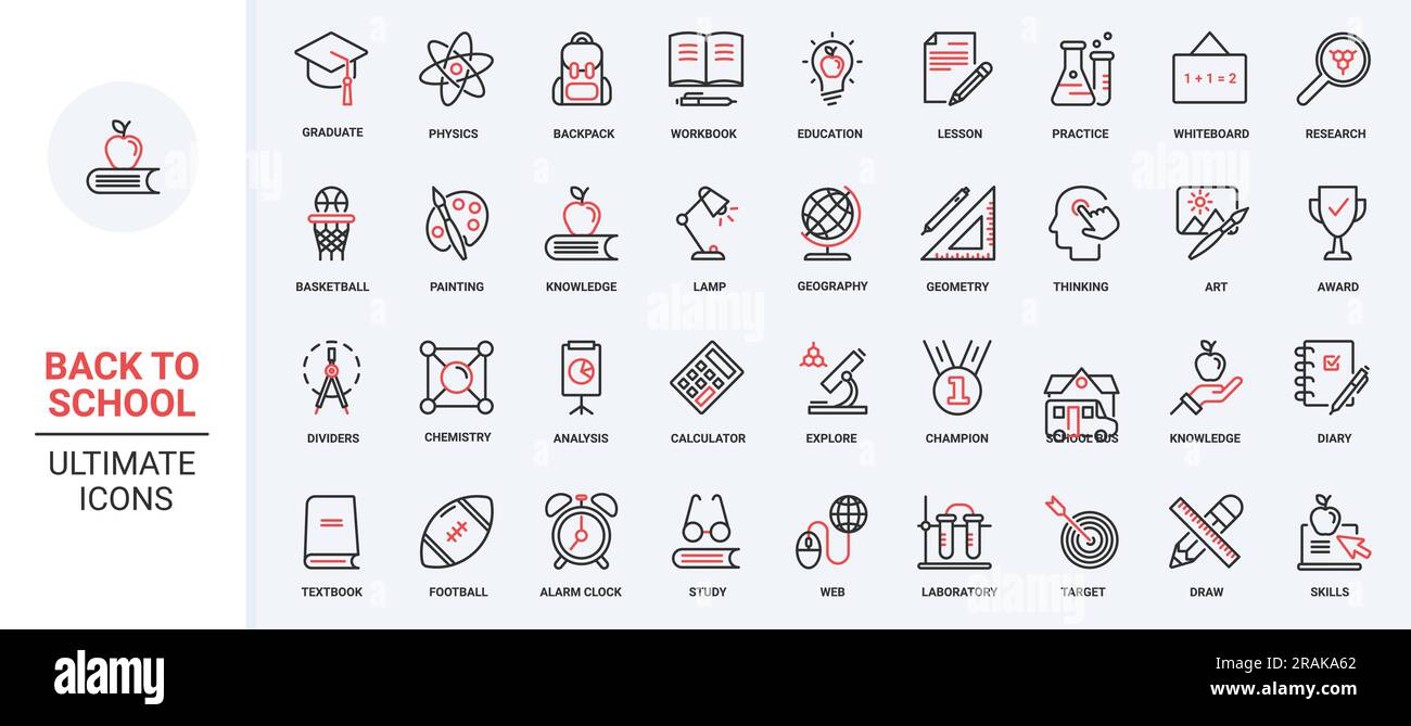 Red black thin line icons set for school, college and university ...