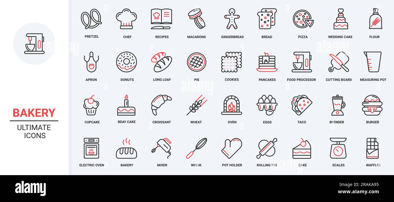 Red black thin line icons set sweet food collection with kitchen equipment to cook dessert and ...