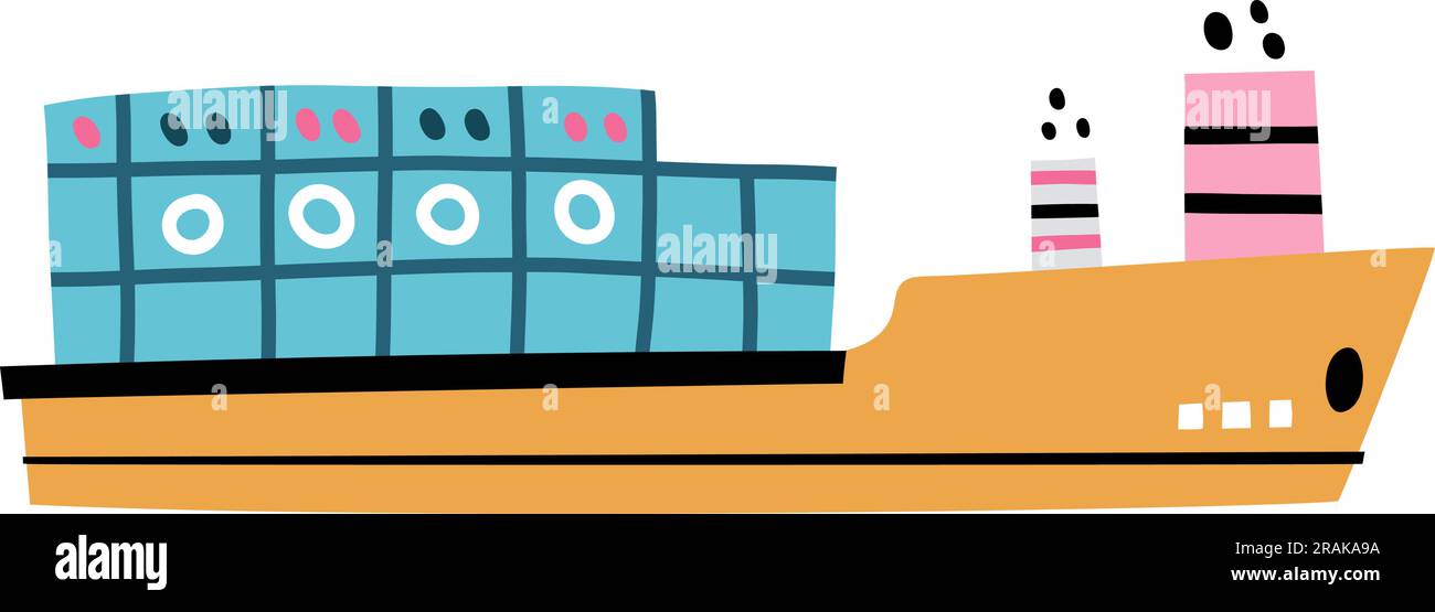 Cargo ship in cute childish style. Funny marine boat isolated on white ...