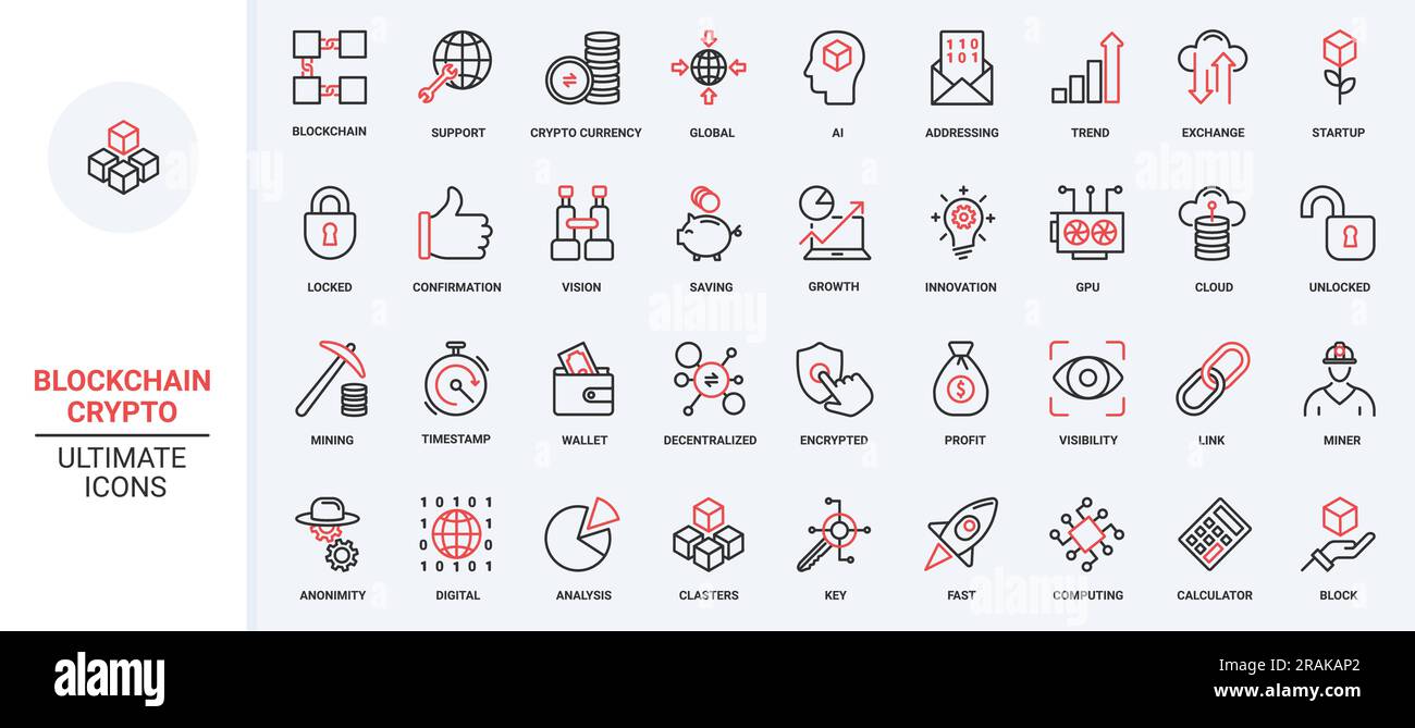 Red black thin line icons set for blockchain, bitcoin, crypto money in digital wallet, data ...