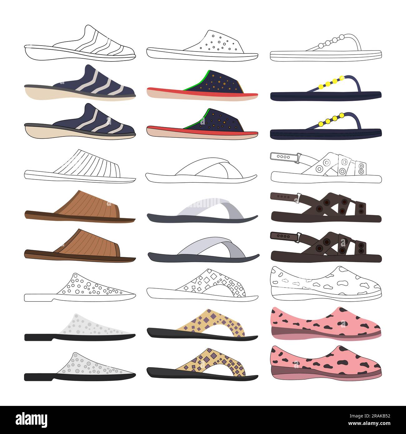 Set of vector illustrations and icons of slippers of different shapes and models Stock Vector ...