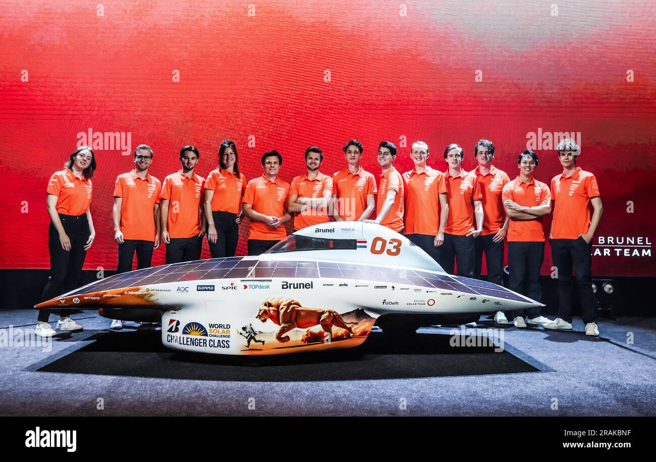 AMSTERDAM - The Nuna 12 with the members of the Brunel Solar Team. TU ...