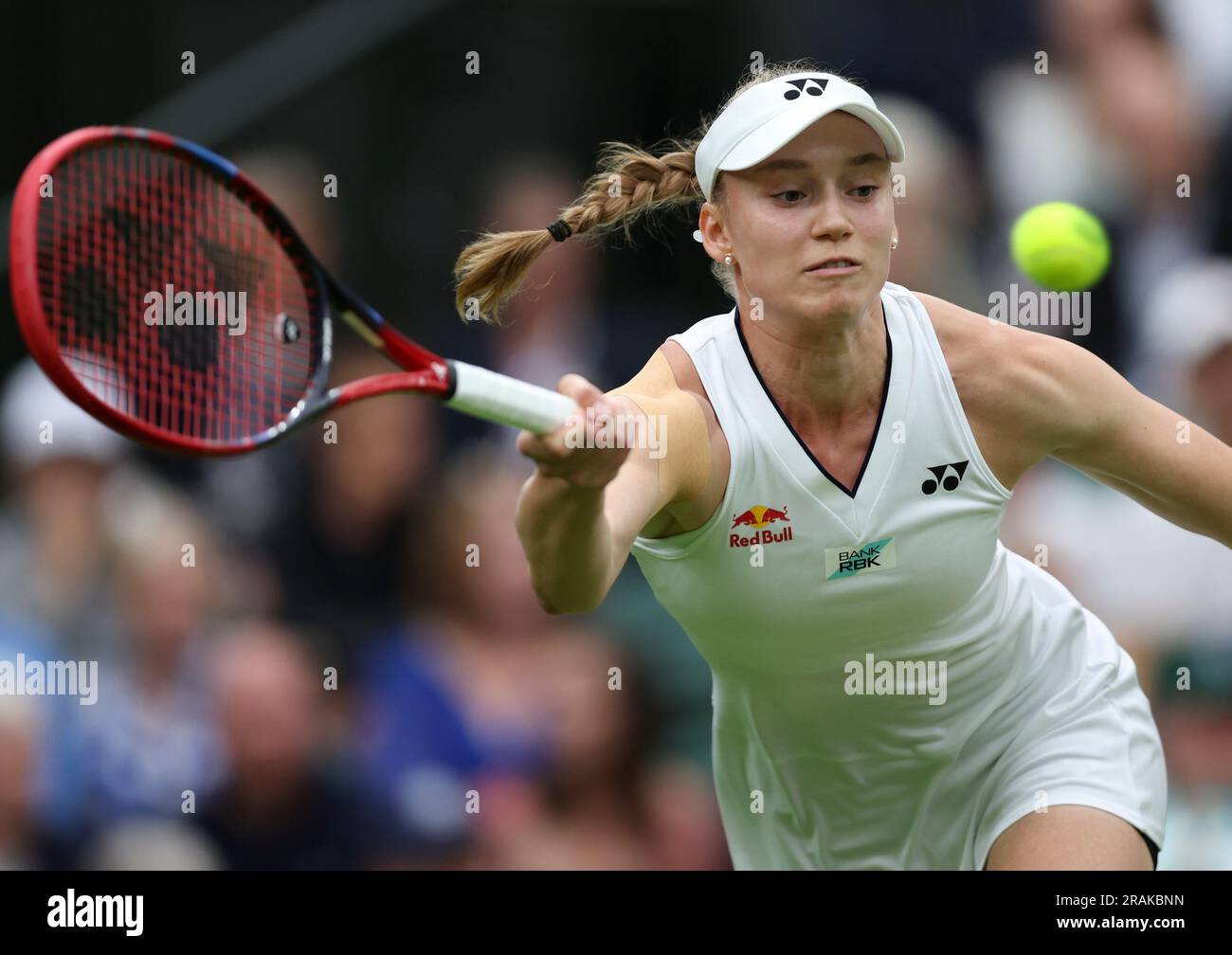 London, Britain. 4th July, 2023. Elena Rybakina hits a return during ...