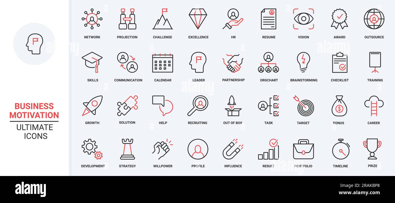 Red black thin line icons set for business challenge and motivation for ...