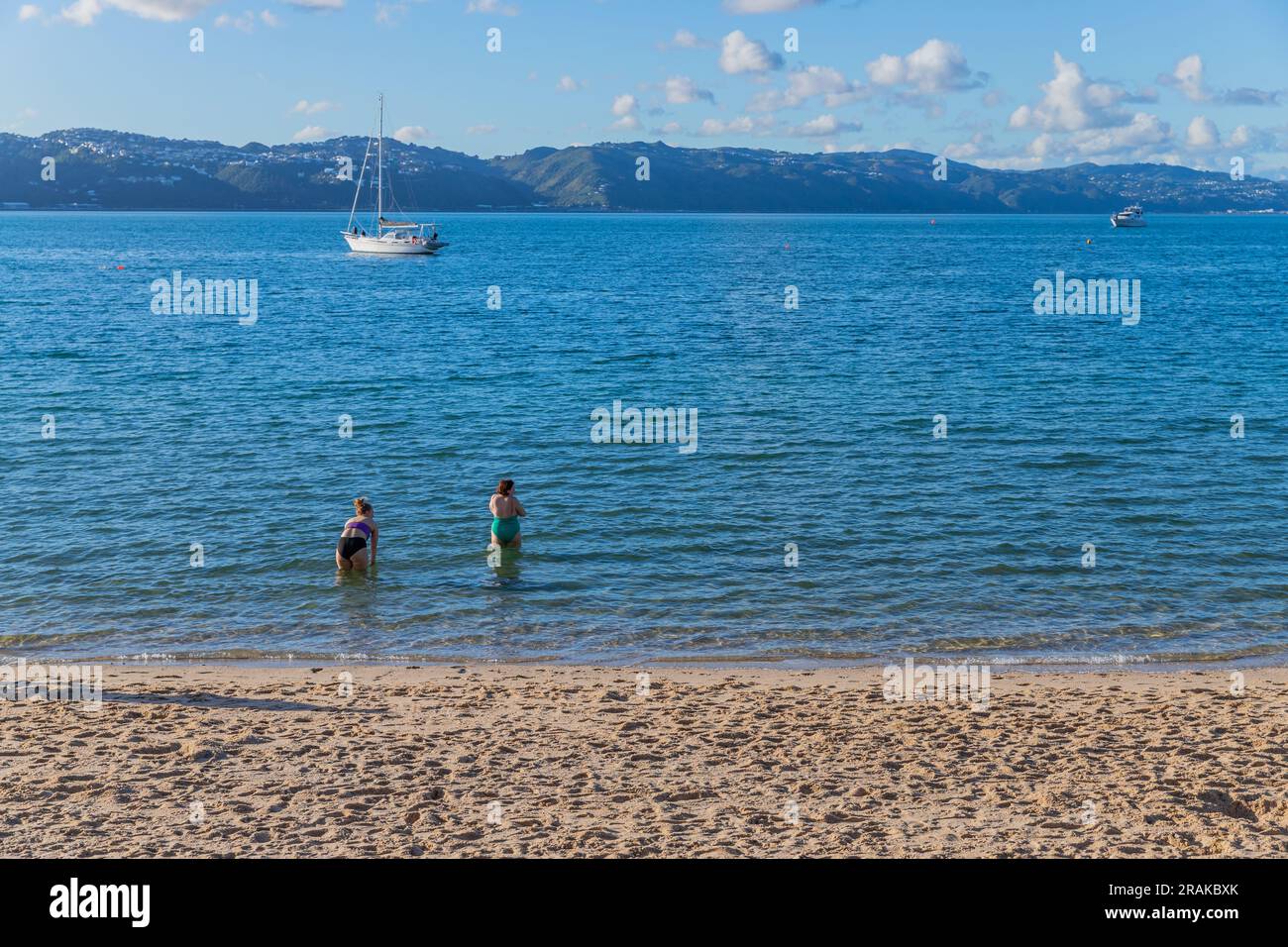 Wellington, New Zealand - 12 May 2023: People out enjoying the beach in ...