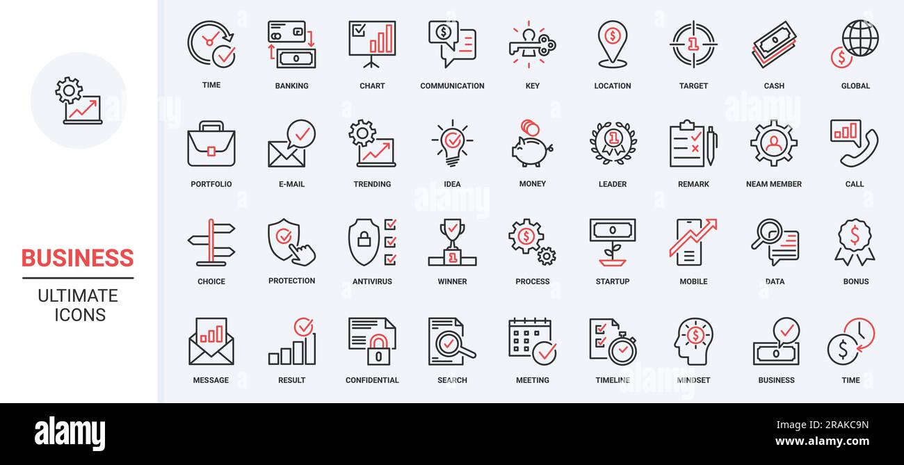 Red black thin line icons set for business communication, commerce, time management, global ...