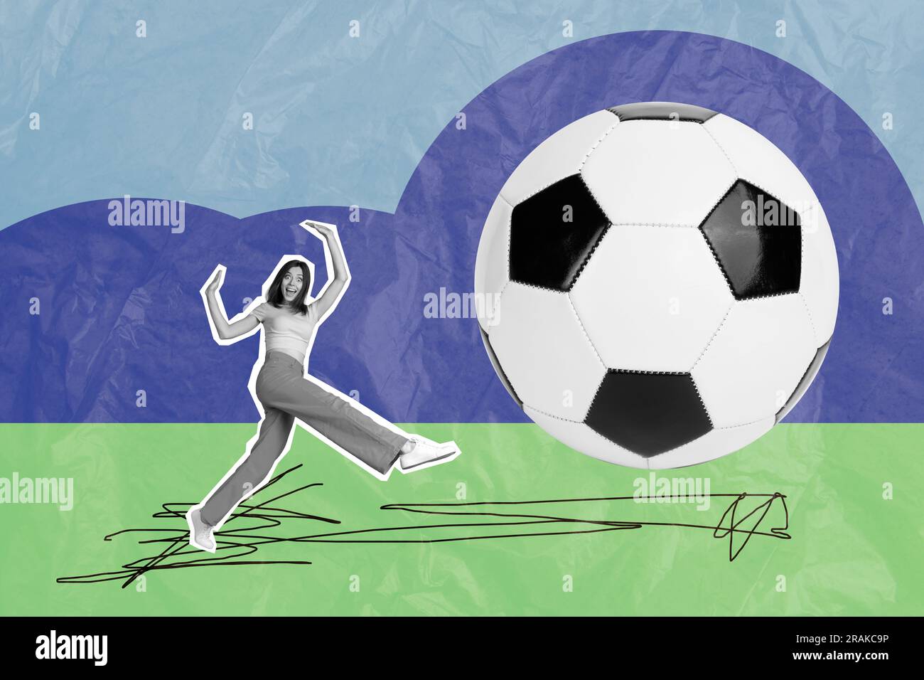 Collage image of excited mini black white effect girl kick big football ...