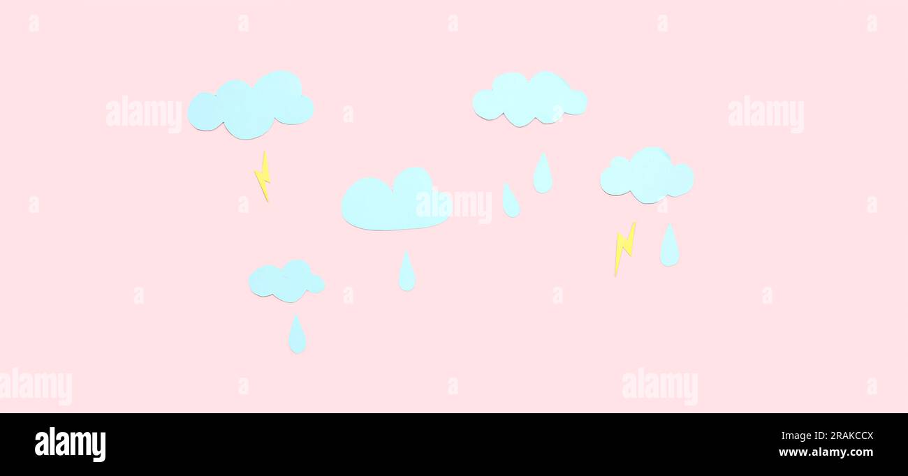 Paper clouds with rain drops and lightnings on pink background. Weather ...