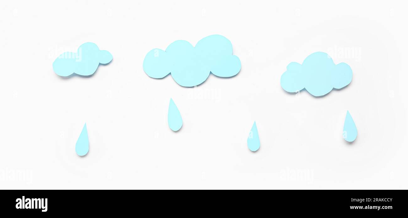 Paper clouds with rain drops on white background. Weather forecast ...