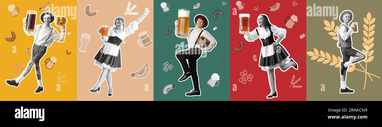 Set of people with beer dancing against color background. Octoberfest ...