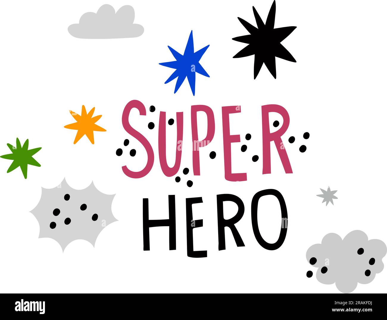 Superhero word in sky. Funny cute kid print lettering isolated on white ...