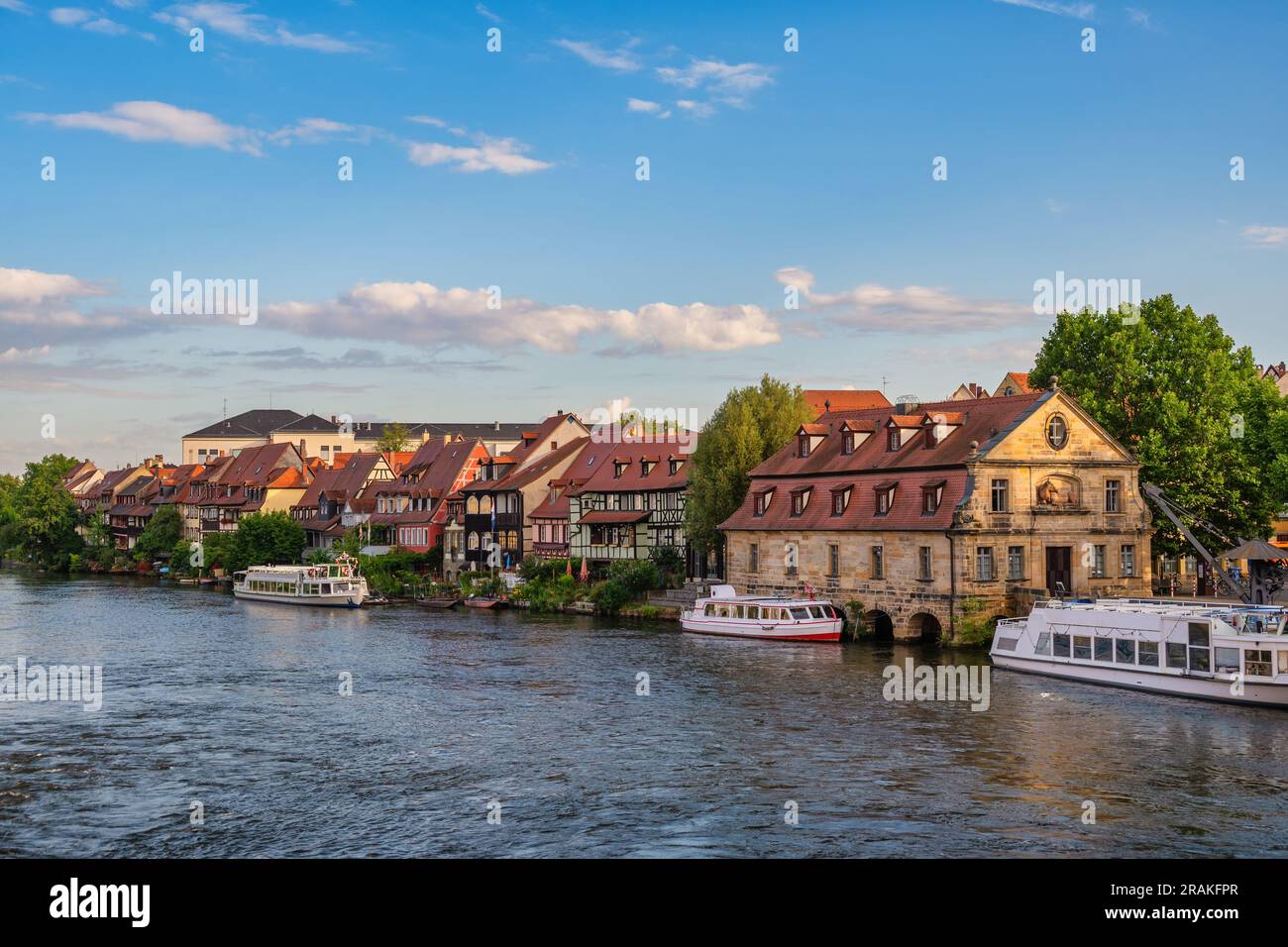 Bamberg Germany, city skyline at Linker Regnitzarm River Stock Photo ...