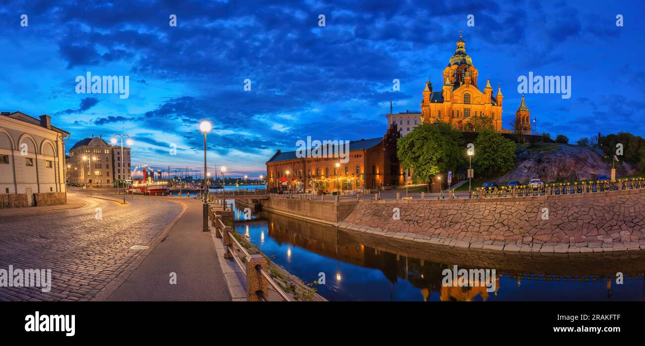 Helsinki Finland, night panorama city skyline at Uspenski Cathedral ...