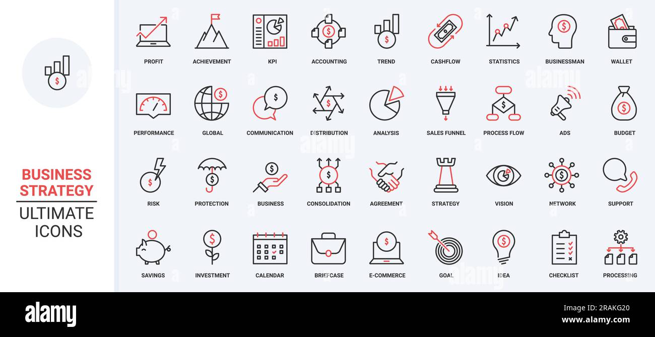 Red black thin line icons set for business strategy, activity process ...