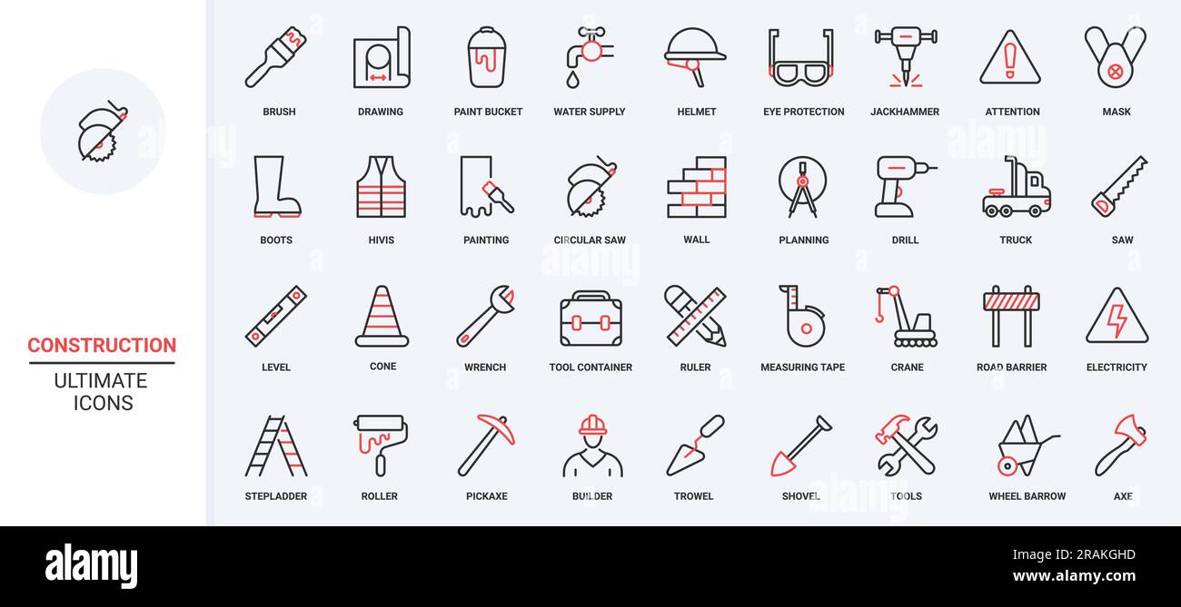 Building construction and repair trendy red black thin line equipment ...