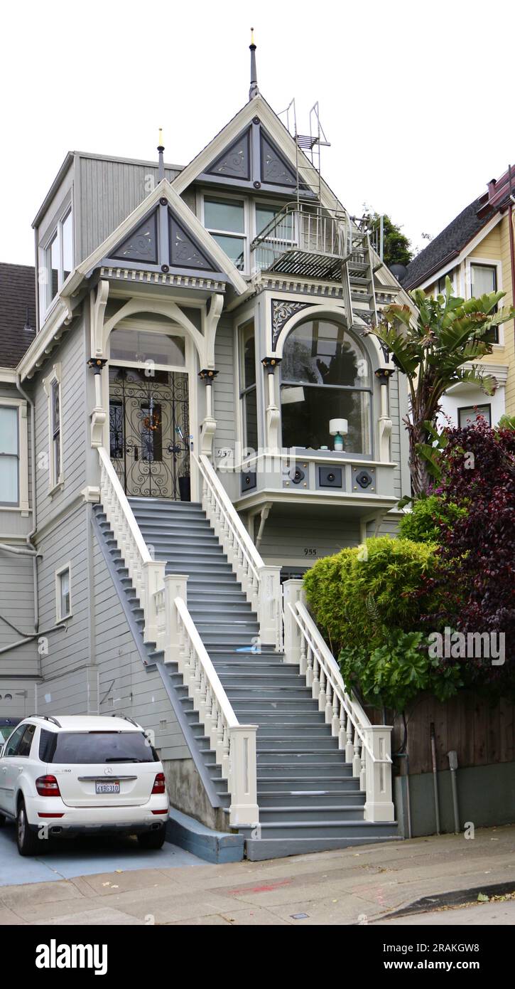 Typical house of wooden construction with steps to main entrance on a ...