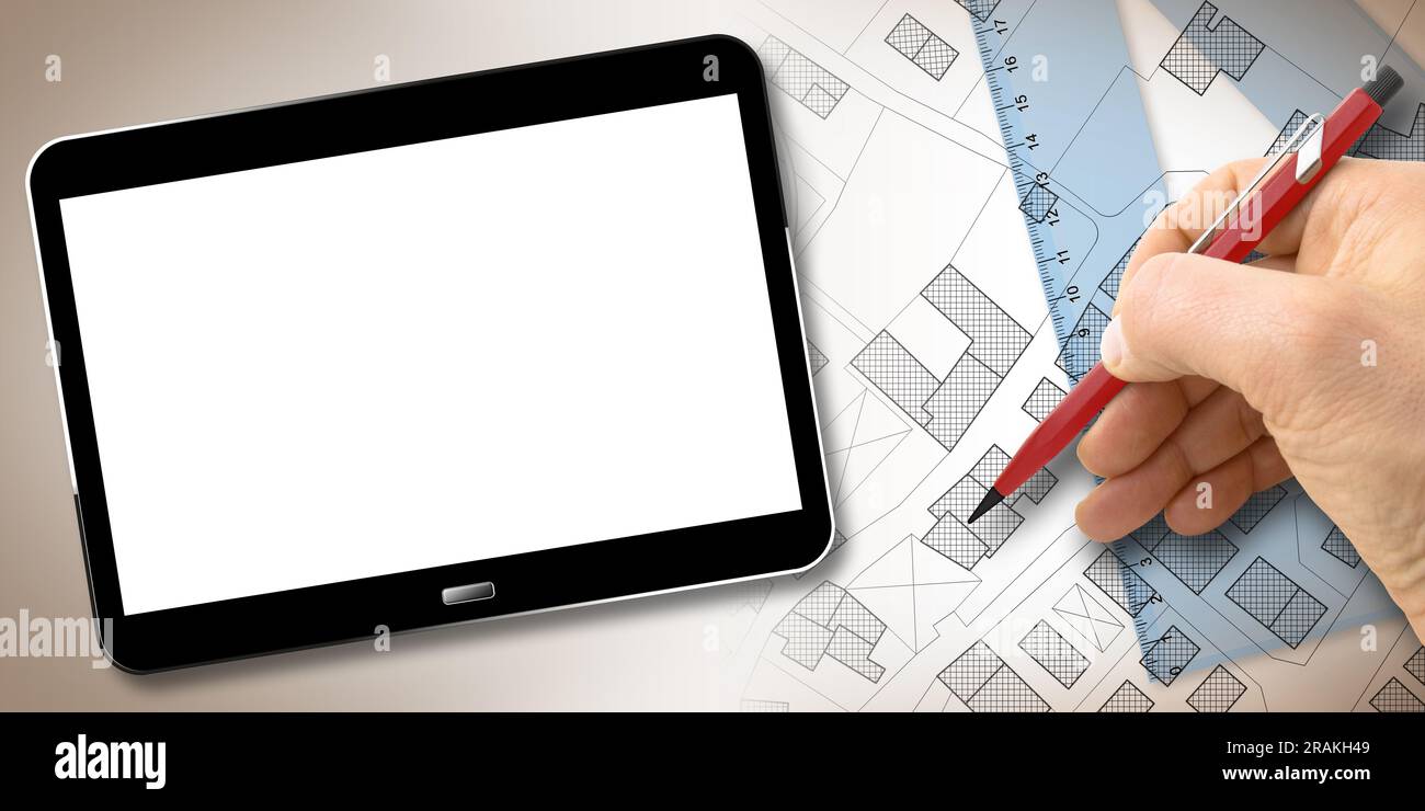 Hand drawing over an imaginary cadastral map - concept image with 3D ...