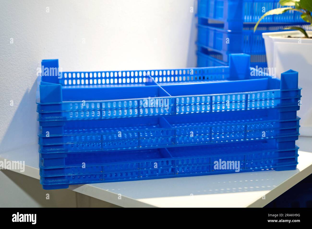 Plastic crates stack for produce at farmers market hi-res stock ...