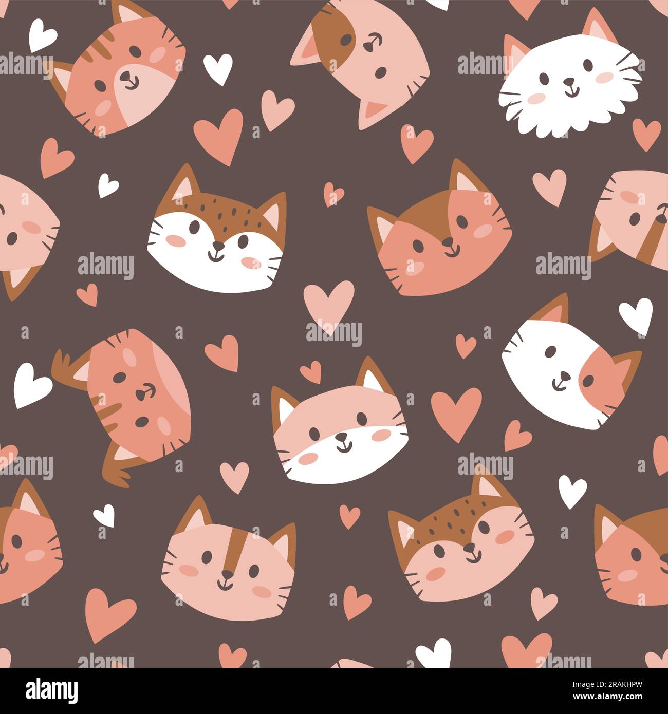 Lovely cat faces seamless pattern. Cartoon kitties and hearts on brown ...