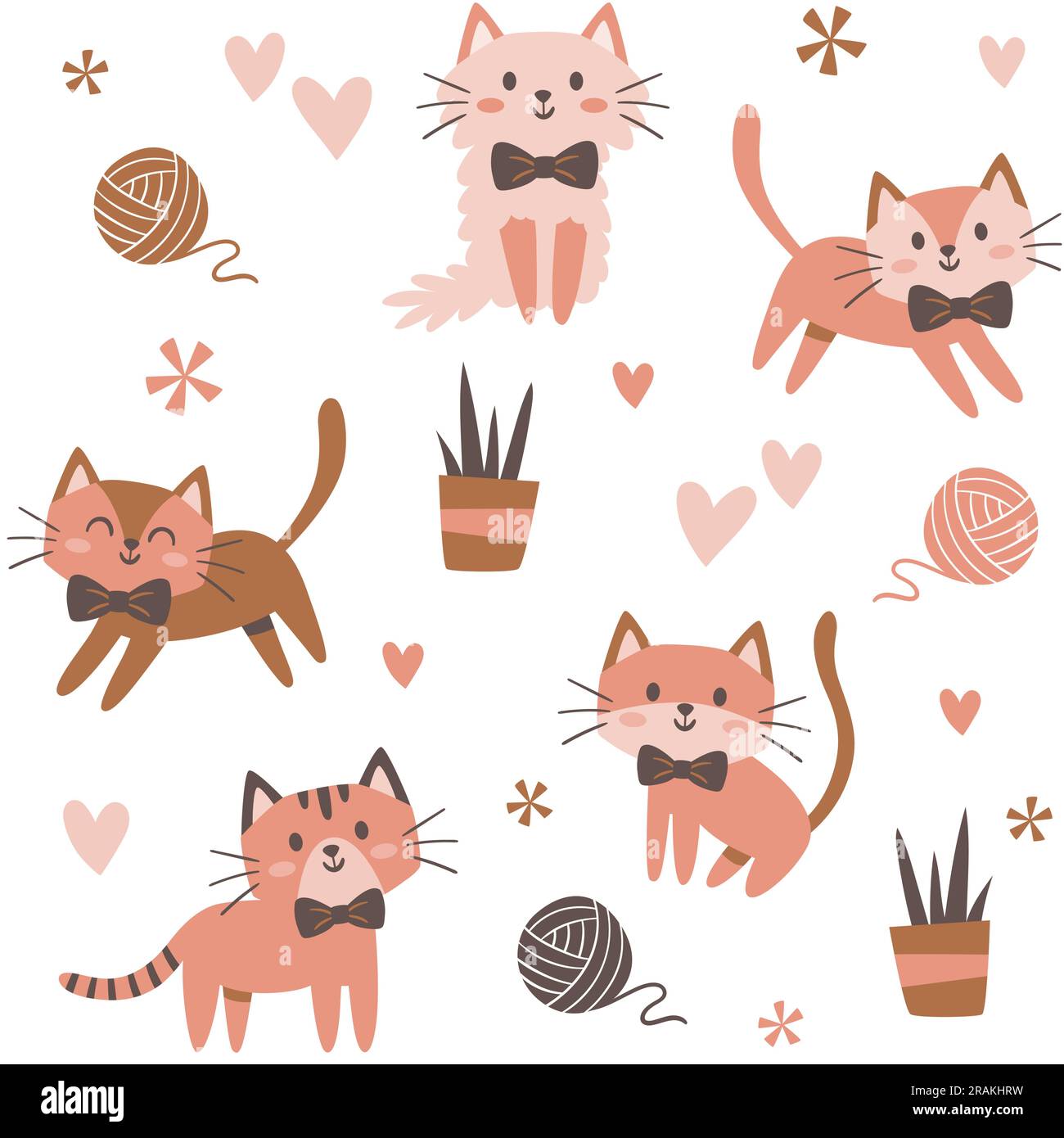 Cat in different poses seamless pattern. Cute cat with hearts, plants ...