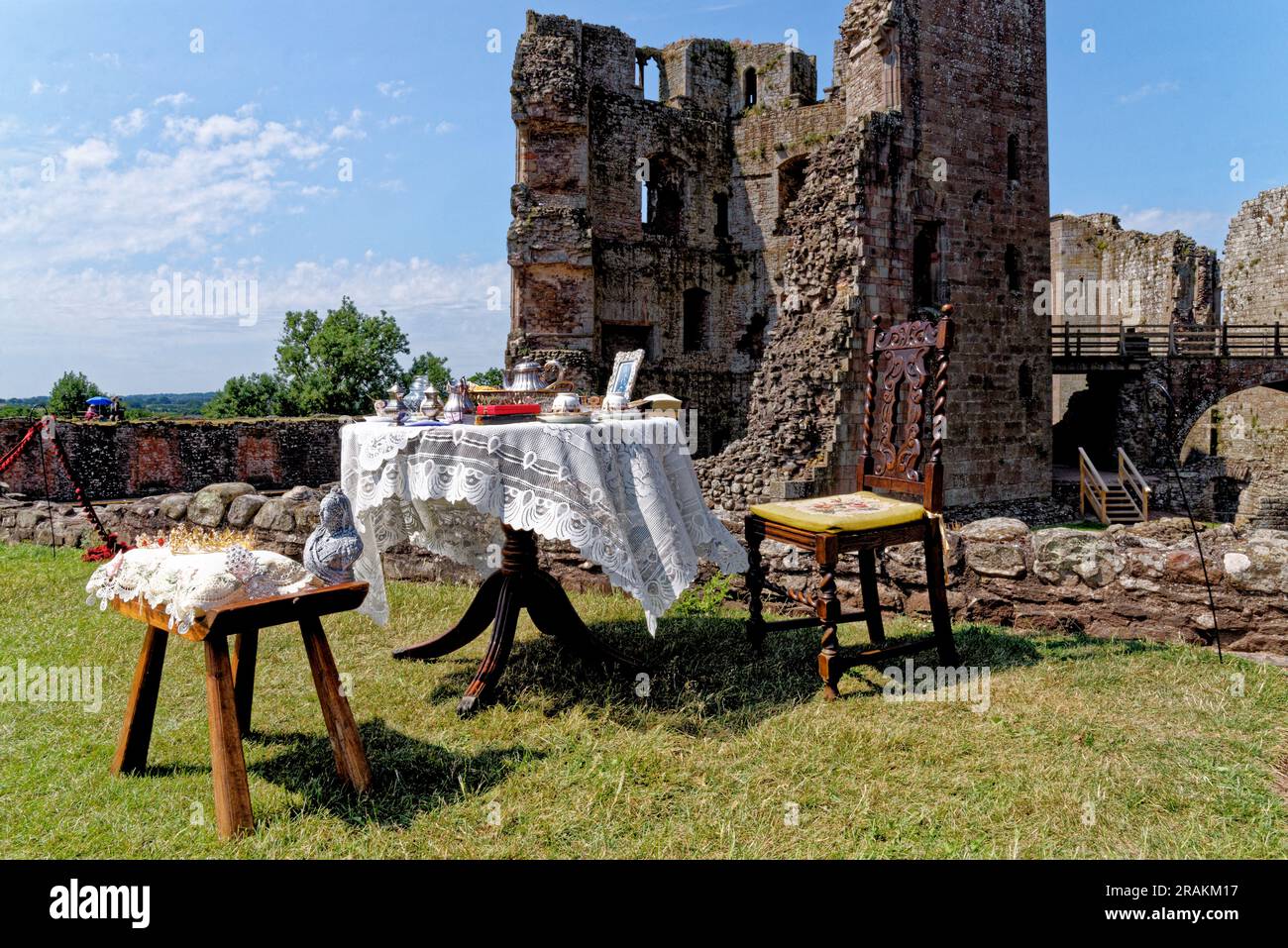 Victorian dinning table on the medieval Raglan Castle (Welsh: Castell ...