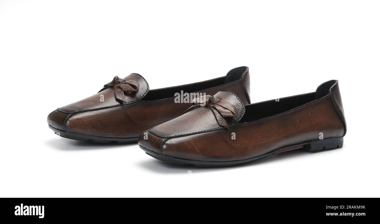 flat toed olive leather ladies ballerina isolated Stock Photo - Alamy