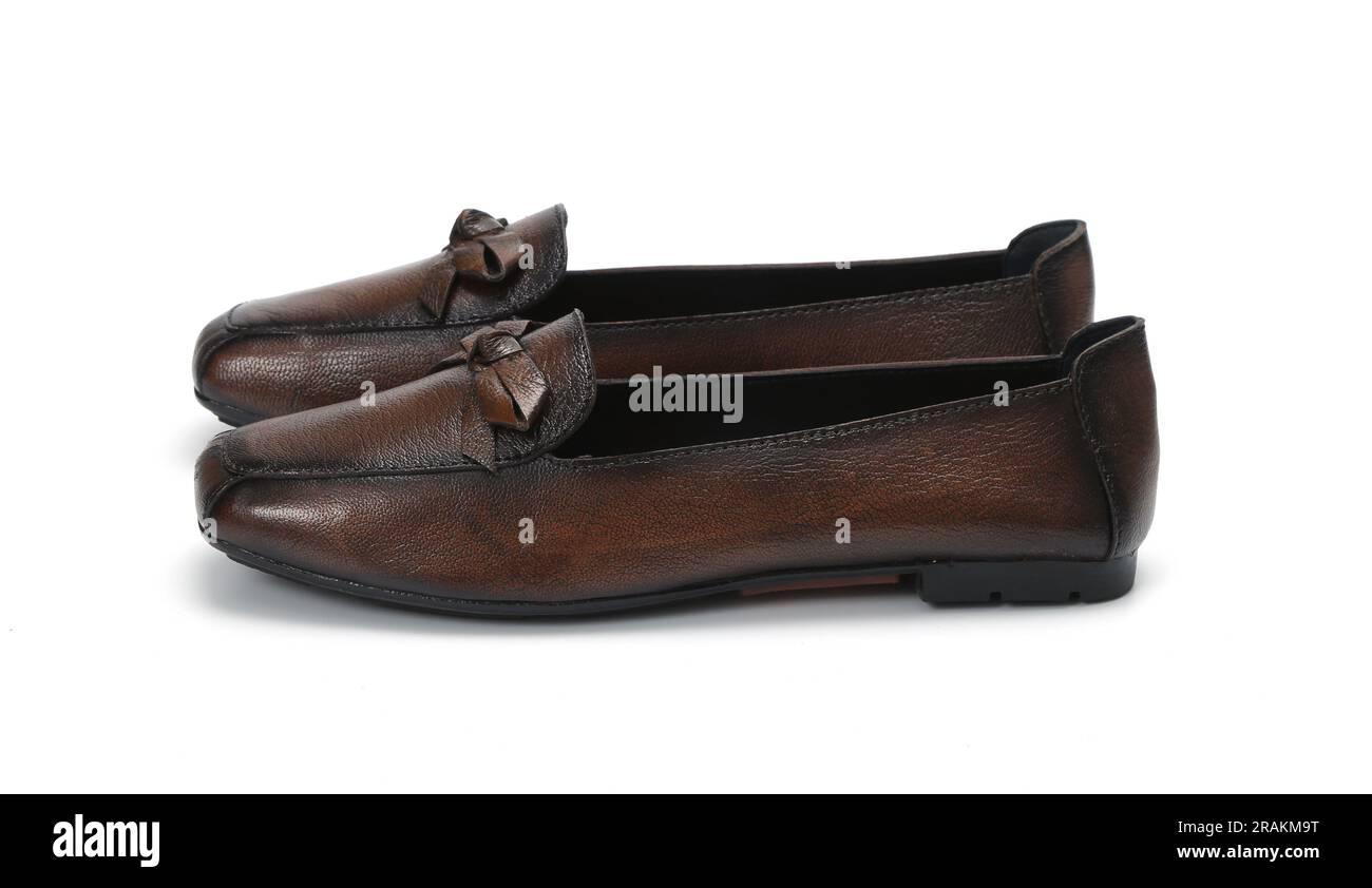 flat toed olive leather ladies ballerina isolated Stock Photo - Alamy