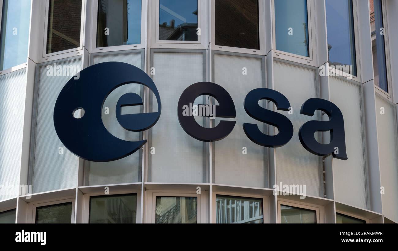 Sign and logo on the headquarters of the European Space Agency (ESA ...