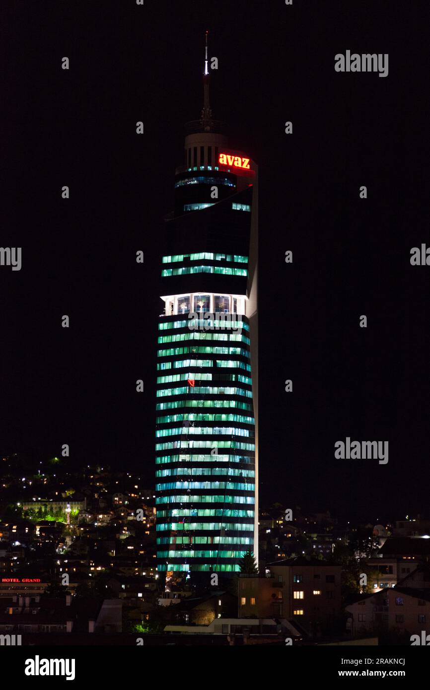 Sarajevo, Bosnia and Herzegovina - May 26 2019: The Avaz Twist Tower is ...