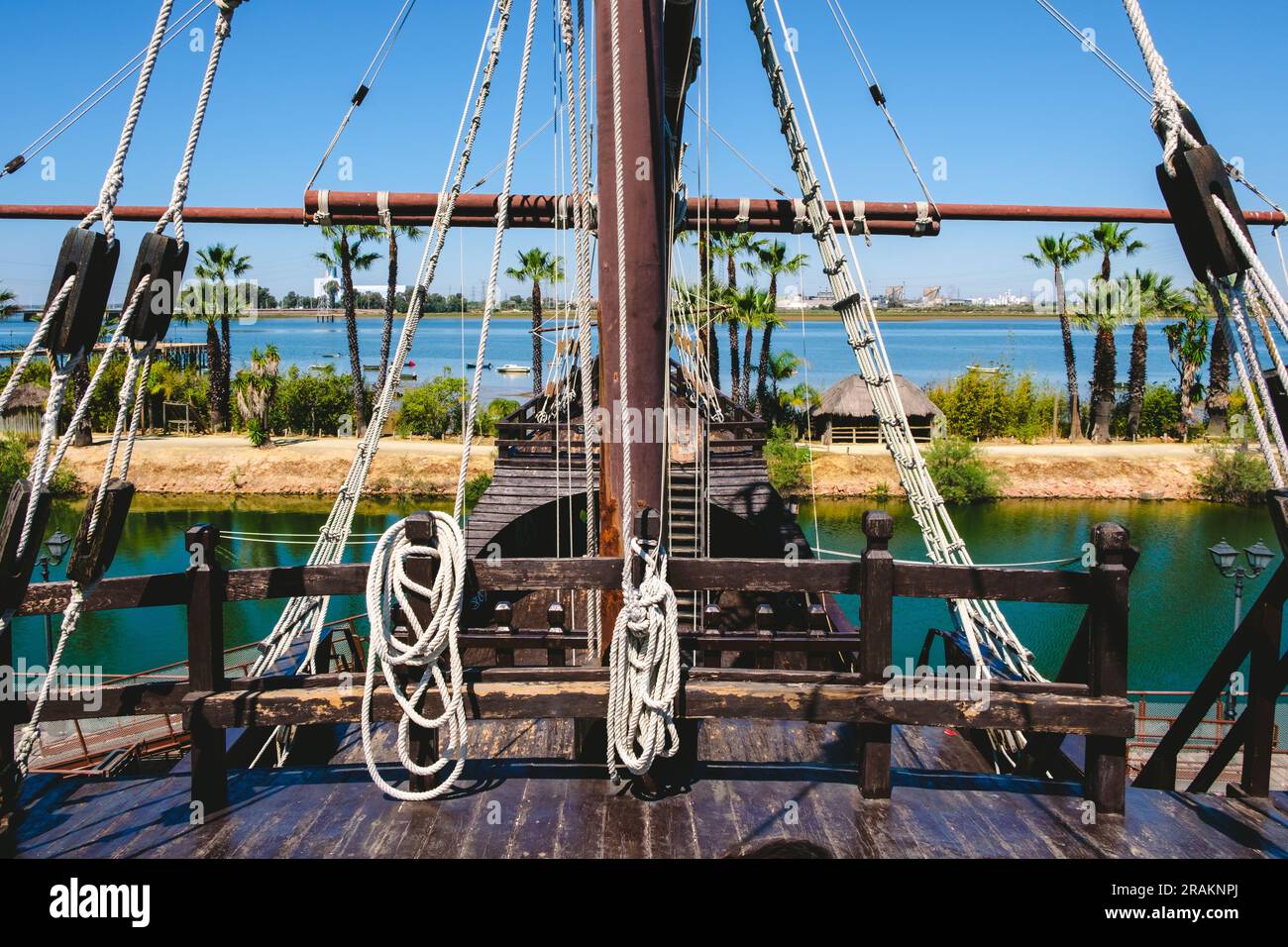 Ropes and rigging of an old caravel, ship of medieval explorers Stock ...