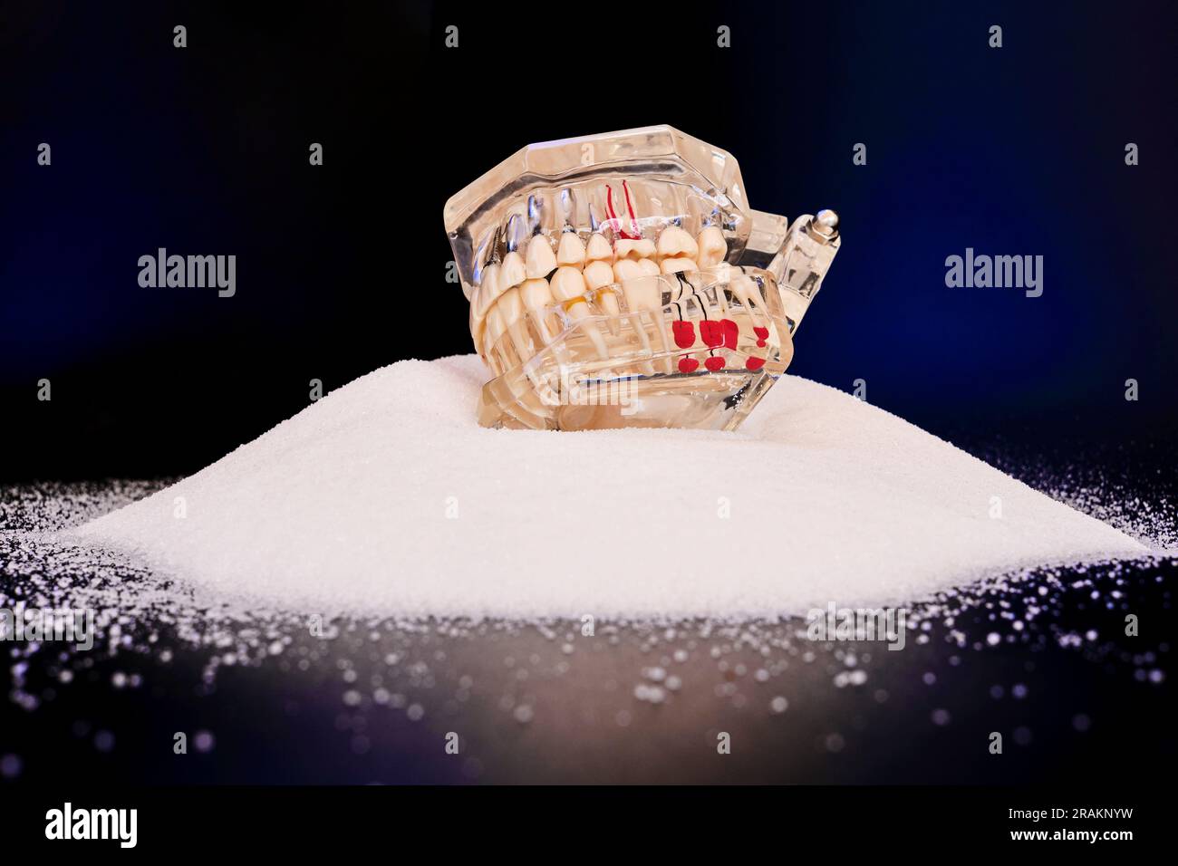 Carious false teeth on pile of sugar on black background Stock Photo ...
