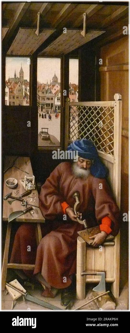 The Mérode Altarpiece - Joseph as a medieval carpenter 1428 by Robert Campin Stock Photo - Alamy