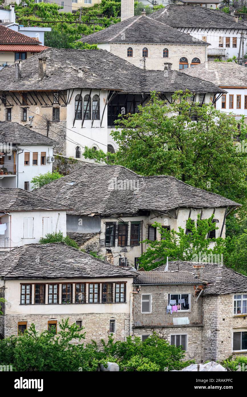 Traditional, ottoman period, stone roofed, houses in the old town of ...