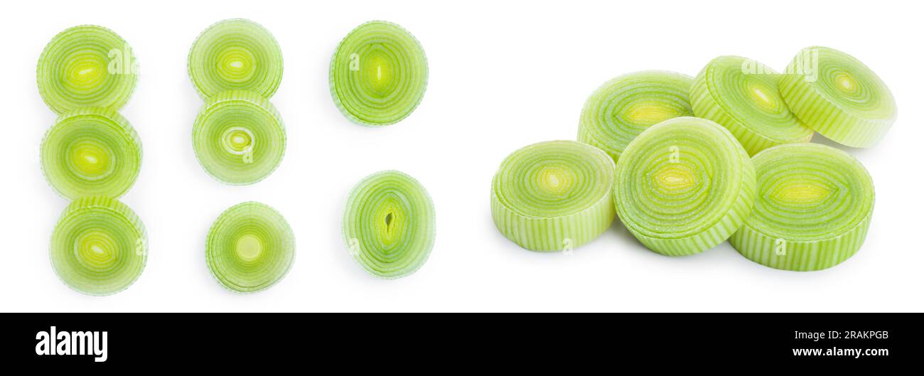 sliced Leek vegetable isolated on white background. Top view. Flat lay ...