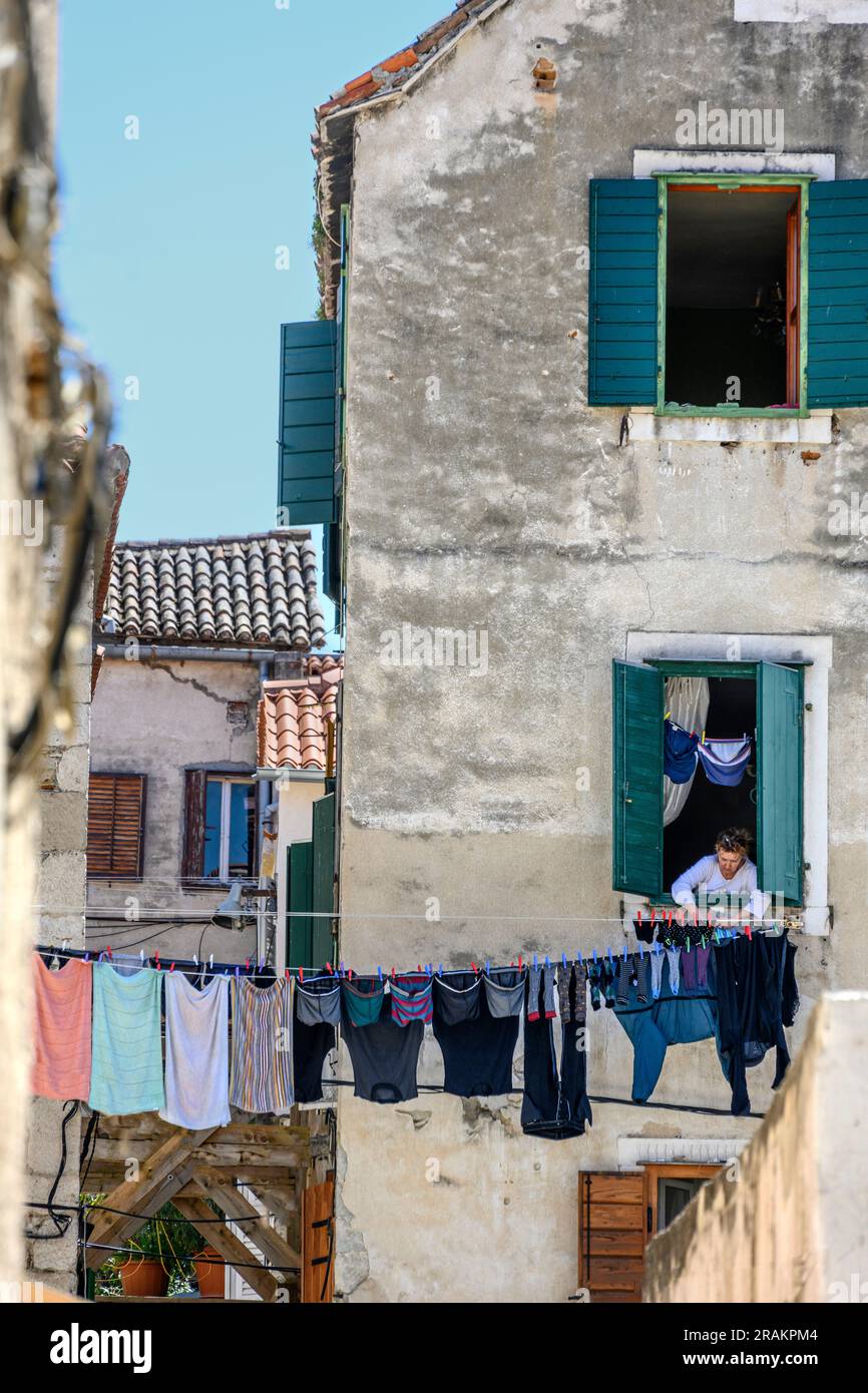 Wash day in Split's Medieval old town next to the walls of Diocletian's ...