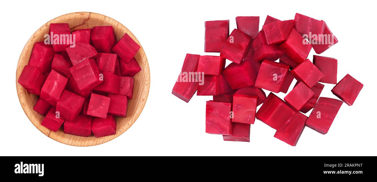 beetroot diced in wooden bowl isolated on white background with full ...